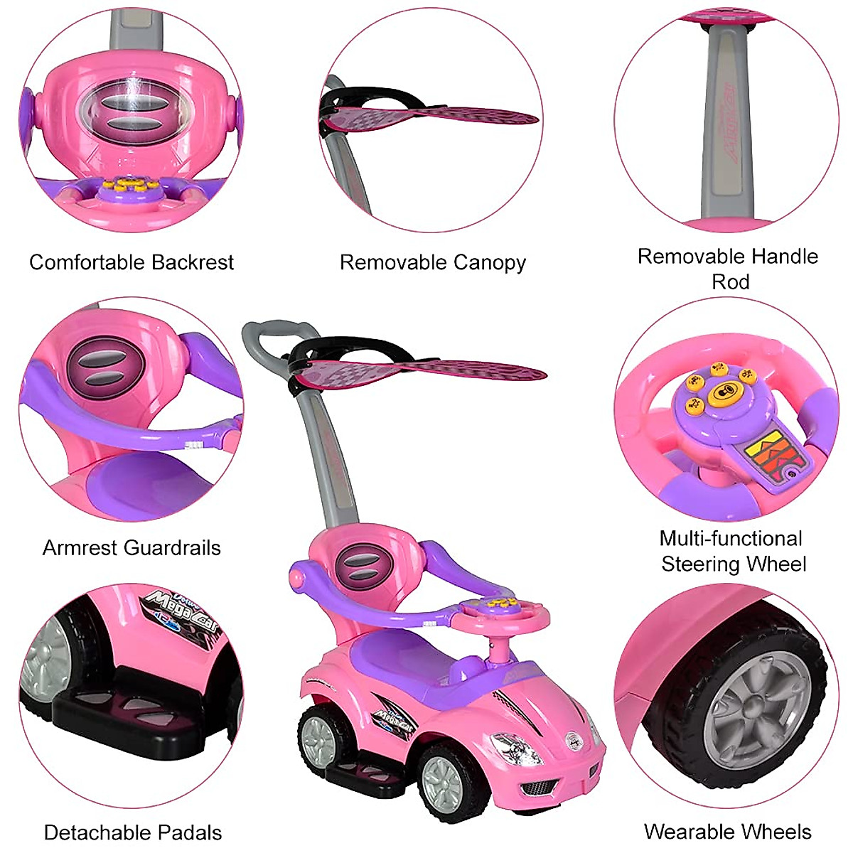 ChromeWheels Push Cars for Toddlers, 3 in 1 Ride on Push Car with Removable Canopy, Ride on Toys Mega Car w/Handle & Horn & Music, Pink
