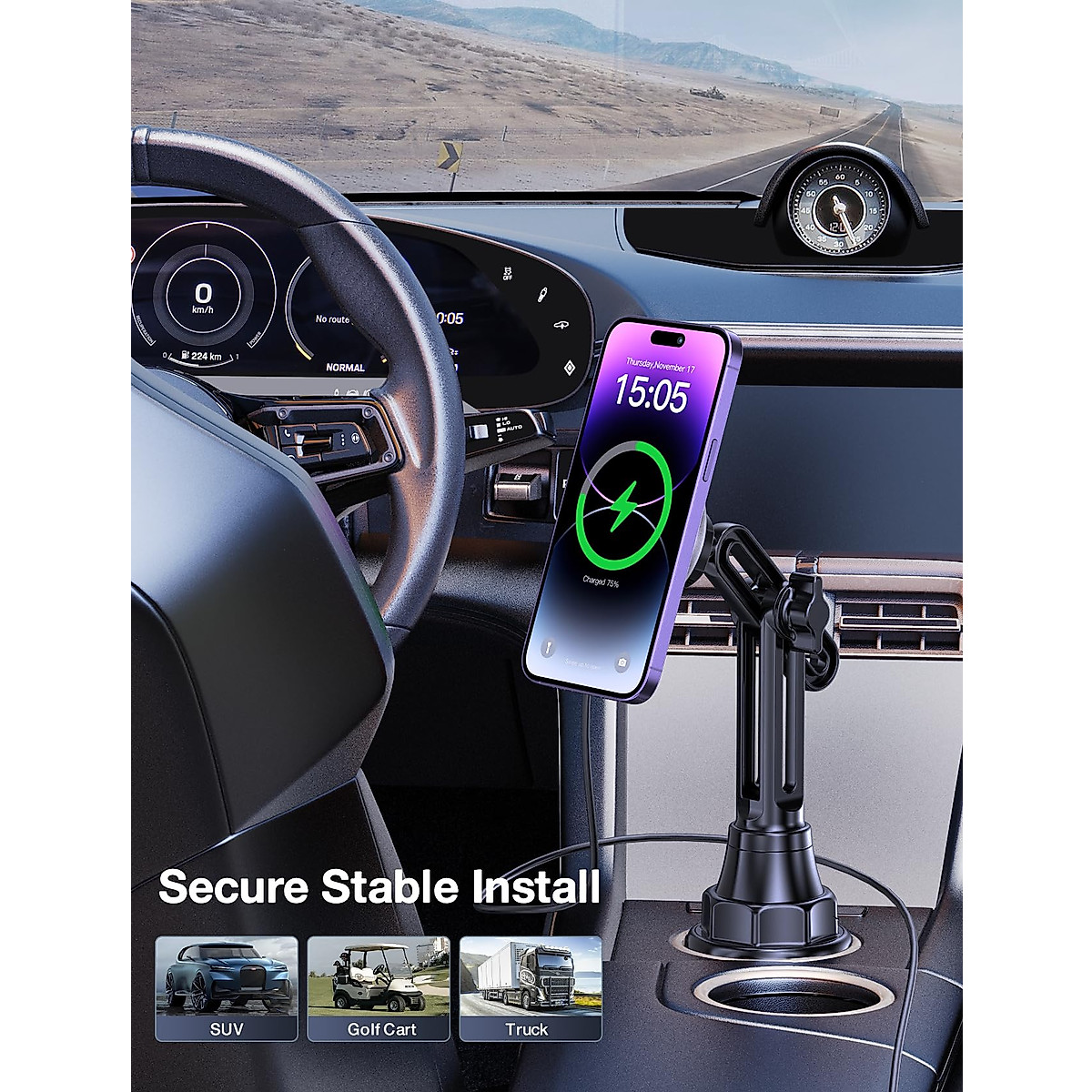 MOKPR for MagSafe Car Mount Charger- Wireless Car Charger Magnetic Cup Holder Phone Mount-Colorful LED HandsFree Magnet Car Charger for iPhone 15/14/13/12 Series