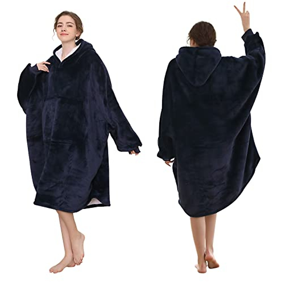 Wearable Blanket Hoodie for Men & Women, Oversized Hoodie Blanket Adult, Sherpa Fleece & Flannel Blanket with Sleeves and Giant Pocket, Machine Washable, Convenient for Home and Outdoors, Navy Blue