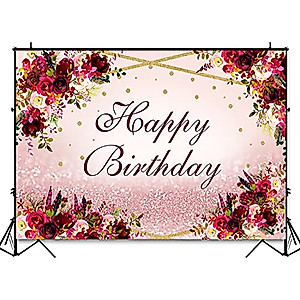 InMemory Burgundy Flower Happy Birthday Backdrop Rose Gold Glitter Birthday Photography Background Rustic Floral Backdrops for Women Lady Girls Bday Party Decorations Banner Photo Booth Supplies 5x3ft