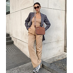 VODIU Quilted Crossbody Bags for Women Purses Handbags Small Vegan Leather Shoulder Bag with Wide Strap Trendy Cross Body Purse Brown