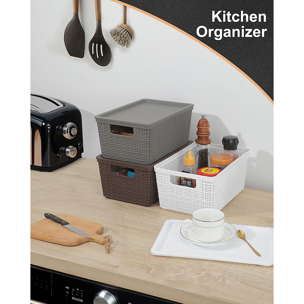 EOENVIVS Plastic Storage Basket with Lids Set of 6 Lidded Storage Bins Shelf Baskets for Organizing Containers Small Baskets for Shelves Drawers Desktop Closet Playroom Classroom Office, Grey