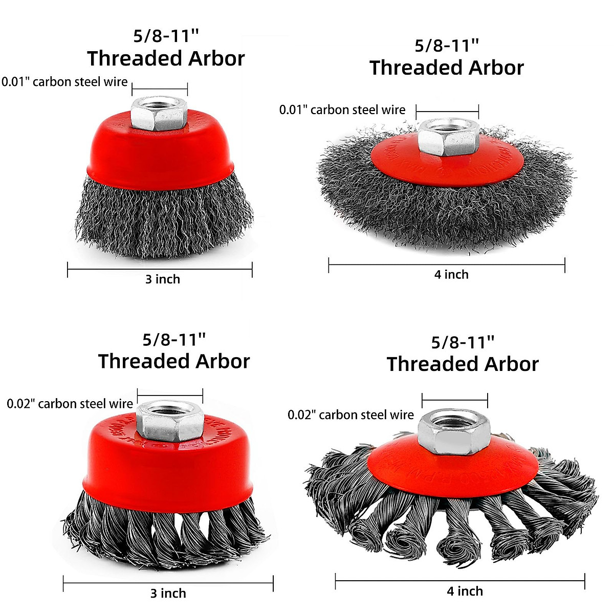 Wire Cup Brush Set Packaged with 4 different Wire Wheel Brushes for Angle Grinder 4 1/2 Angle Grinder and 5/8”-11 Thread Arbor(4 Packs )