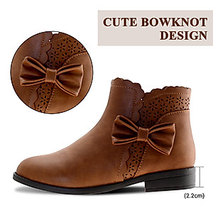 LseLom Girls Ankle Boots Kids Ankle Booties Bow Side Zipper Low Heel Outdoor Warm Shoes for Little Kids/Big Kids PU Brown Size 12