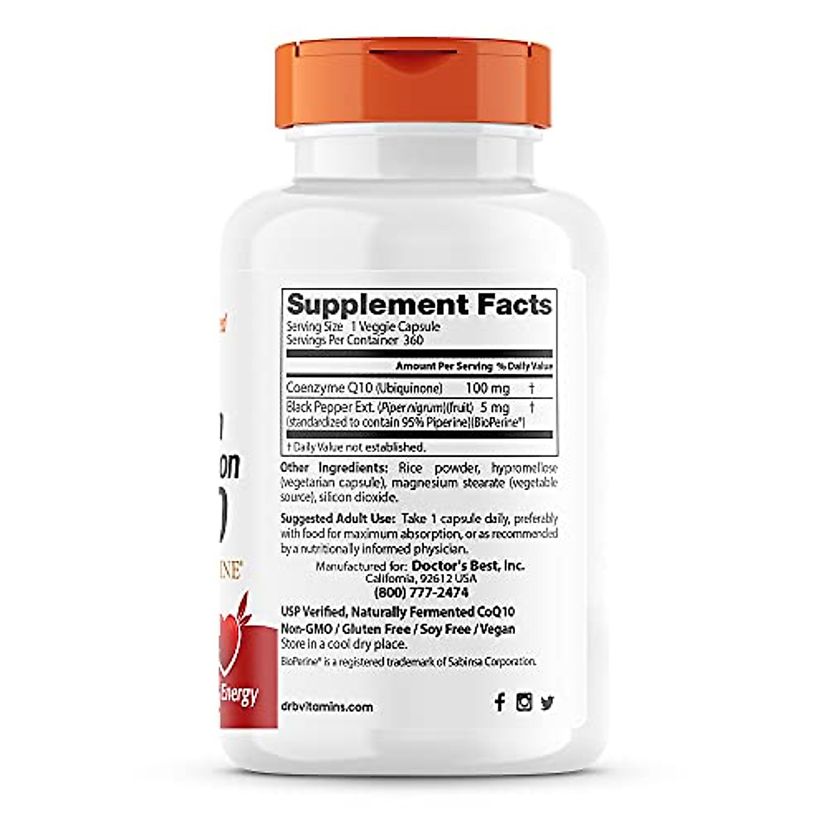 Doctor's Best High Absorption CoQ10 with BioPerine, Gluten Free, Naturally Fermented, Vegan, Heart Health & Energy Production, 100 mg 360 Veggie Caps