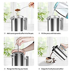 BINE French Press Coffee Maker, Stainless Steel 8 Cups 34oz Double-Wall Metal Insulated Coffee Tea Makers with 4 Level Filtration System, Rust-Free, Dishwasher Safe