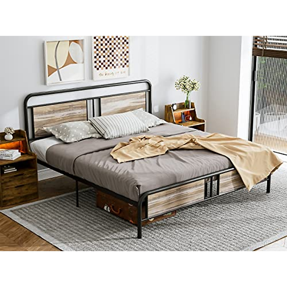 IKIFLY California King Bed Frames, Metal Cal King Platform Bed Frame with Wood Headboard/Footboard, Strong Steel Slats Support, Easy Assembly, No Box Spring Needed - Wood Brown