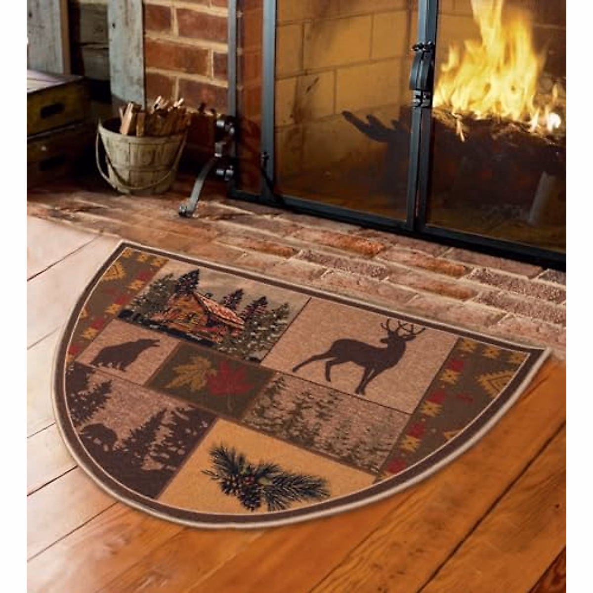 Cozy Floor Mats Fireplace Hearth Rug, Nature Cottage Bear Deer Elk, 26"x 39" Brown Beige Green Red, Half Circle, Fire Heat Resistant Mat, Half Moon Shape, Non Slip Kitchen Rug, Cabin Lodge 2'2"x 3'3"