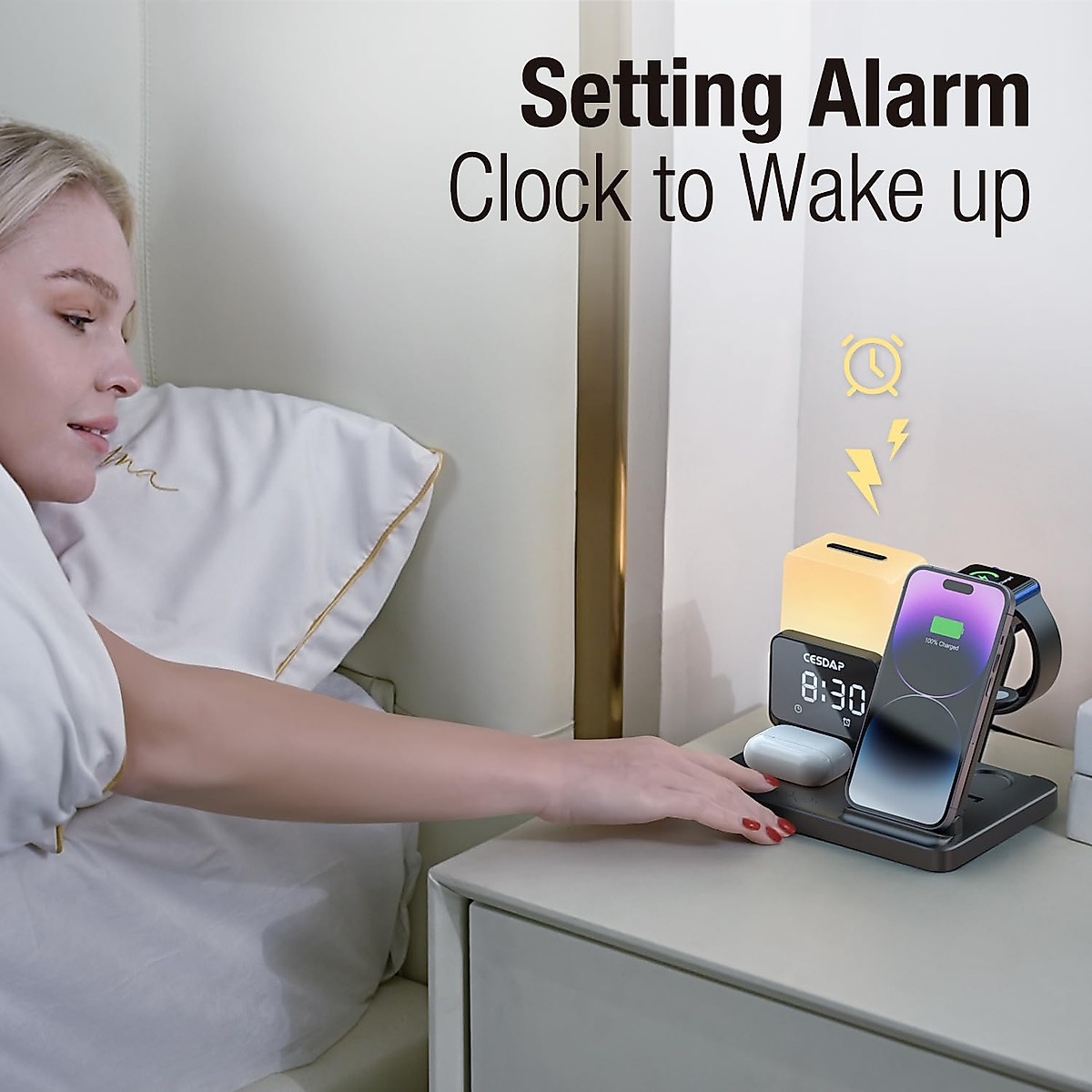 CESDAP C3 Pro Foldable 6 in 1 Charging Station for Multiple Devices with Alarm Clock Light 18W Charger for iPhone 15/14/13/12/11 for Apple Watch Charger for AirPods 3/2/Pro Gift for Women Men Dad Mom