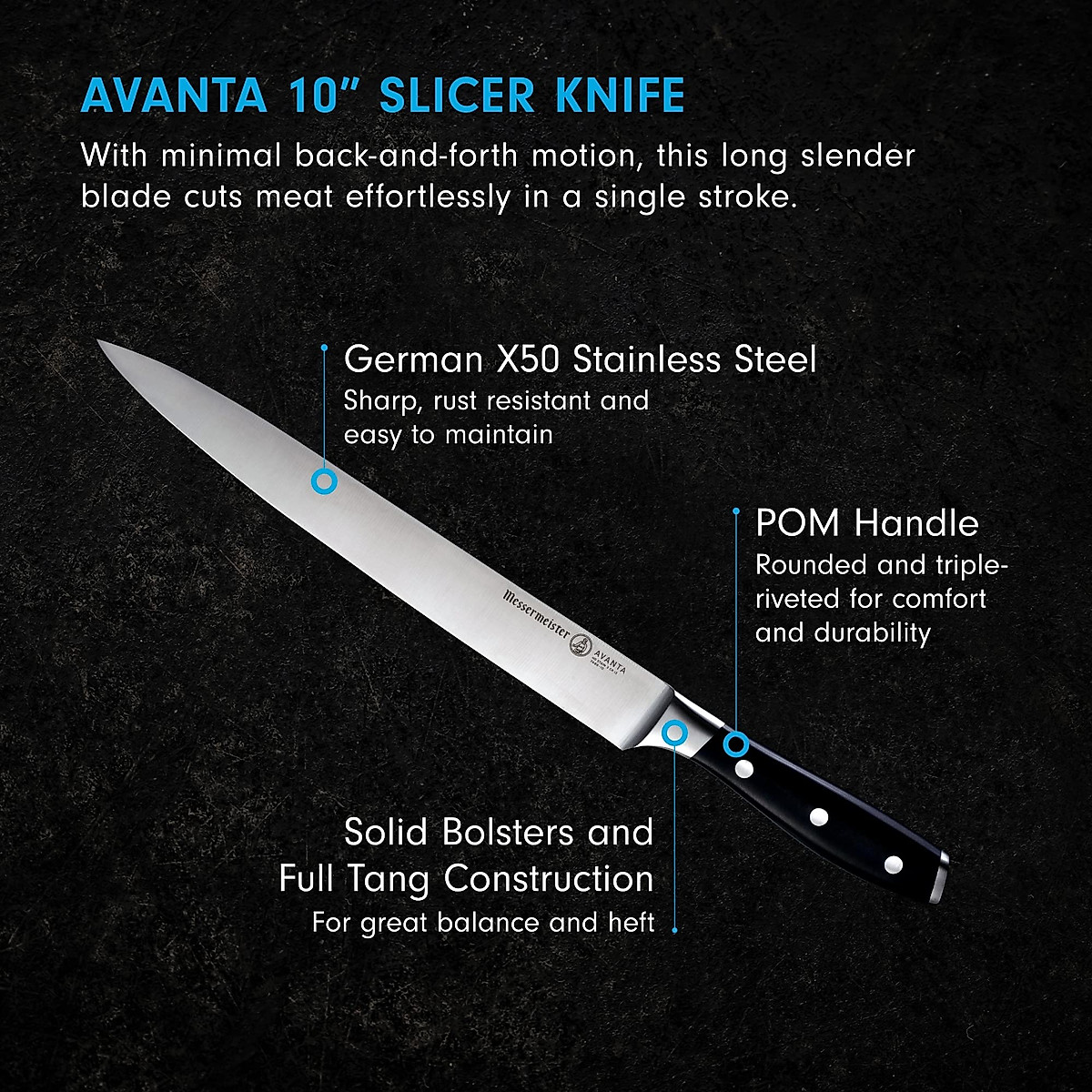 Avanta by Messermeister, Slicer | POM Handle | 10" Premium kitchen cutlery. Stainless steel, Rust resistant, Easy to maintain., Black, (L7688-10)