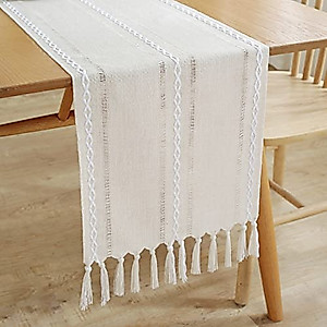 JIALE Table Runner, Rustic Farmhouse Table Runners with Tassels, Boho Cotton Linen Table Runner for Table Decorations, Holiday Party and Wedding, 72 Inches, Ivory