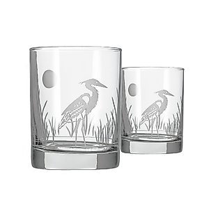 Rolf Glass Heron Double Old Fashioned Glass 13 ounce – Whiskey Glass – Lead-Free Glass Tumbler - Etched Whiskey Tumbler Glasses – Proudly Made in the USA (Set of 2)