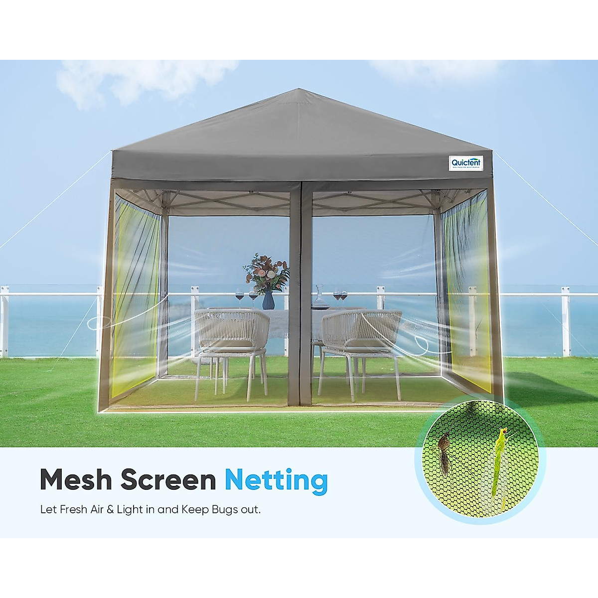 Quictent 10'x10’ Pop up Screened Canopy Tent with Mosquito Netting, Portable Easy up Outdoor Screen House Shelter for Patio, Camping and Picnic, Includes Wheeled Carry Bag (Grey)