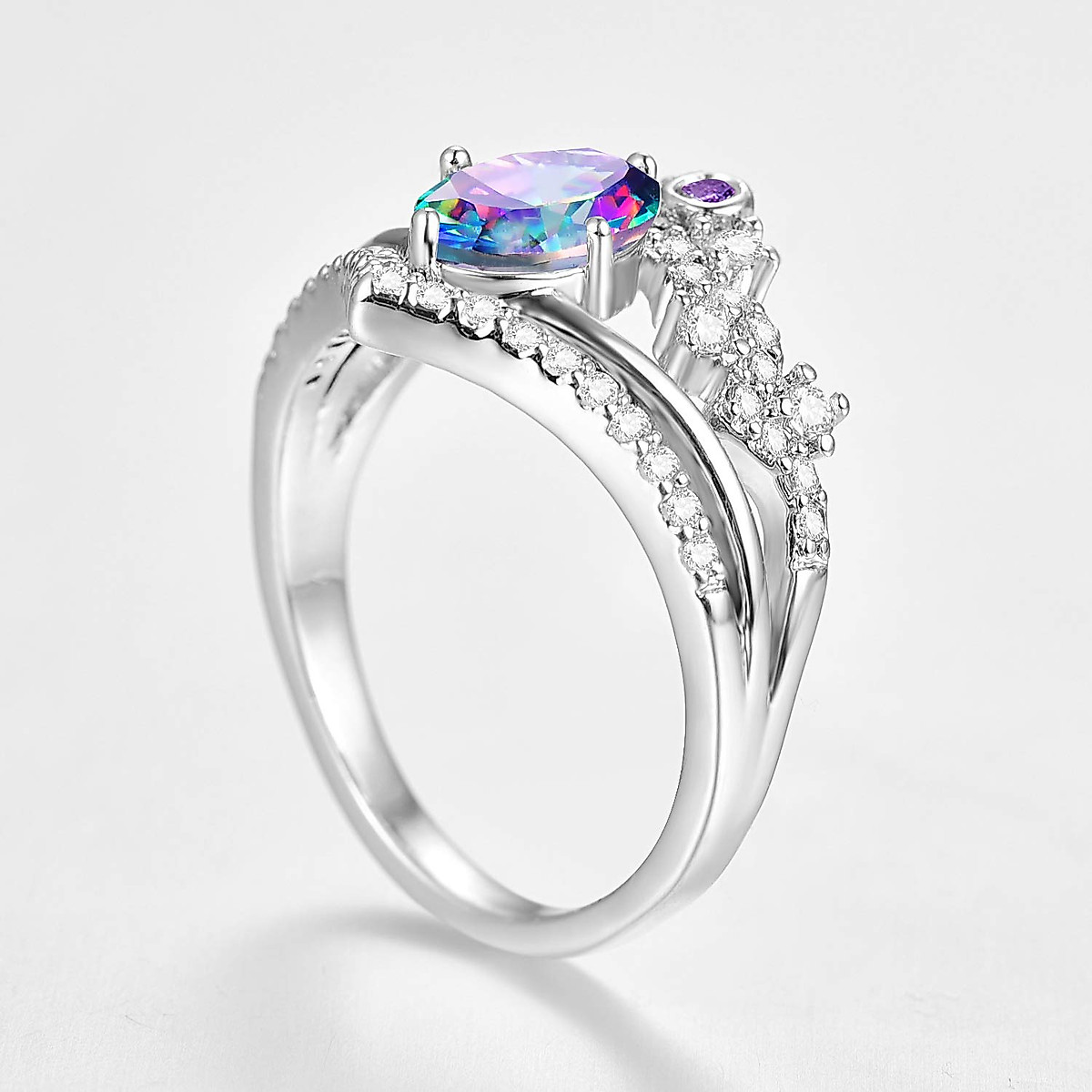 Narica Silver Plated Oval Cut Created Rainbow Topaz CZ Cubic Zirconia Filled Eternity Halo Cocktail Party Wedding Engagement Statement Band Elegant Women's Crown Ring for Mom Bridal Lover Gift 6#