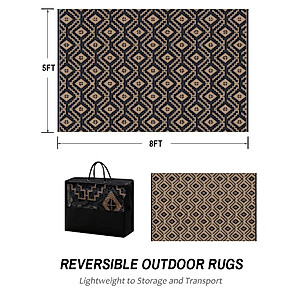 Outdoor Rugs - Reversible Mats, 5'x8' Plastic Straw Rug for Patio Clearance Waterproof, Indoor Outdoor Area Rug Carpet for Outside, RV, Deck, Picnic, Beach, Trailer, Camping(Black & Brown)