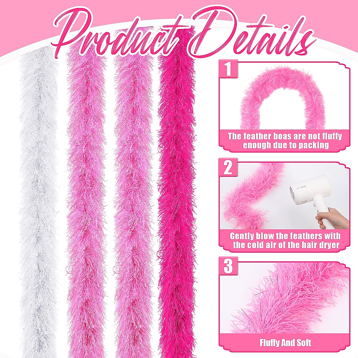 Jexine 8 Pcs Feather Boas Bulk Artificial Fluffy Boas Decor for Wedding Costume Dress Tea Party Supplies(5 Ft,Pink, Rose, White)
