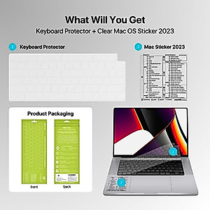 Afterplug Ultra-Thin Keyboard Cover (US ANSI) + Mac OS Shortcuts Sticker for M2 M3 MacBook Air 13" & 15" and M1–M4 MacBook Pro 14" & 16" – Clear Cover; Clear Sticker for Light-Colored MacBooks