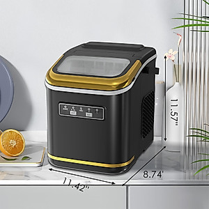 Ice Maker Countertop ZAFRO, Self-Cleaning Ice Machine with Ice Scoop and Basket, 26.5lbs/24h, 2 Sizes of Bullet Ice Cube, Black-Gold, Ideal for Home, Kitchen, Party, Dormitory.