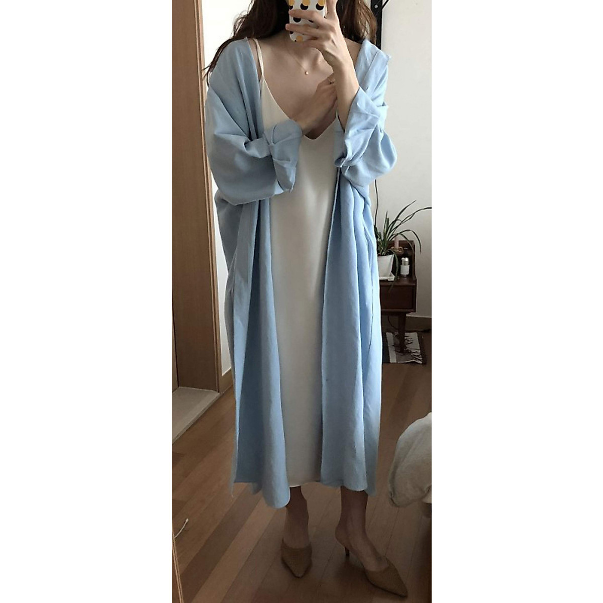 GGUHHU Womens Chic Button Down Rolled-Up Sleeve Long Cotton Blouse Maxi Dress (Medium, Light Blue)