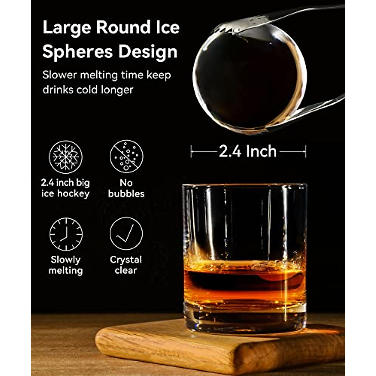 [4 Pack] Longzon Crystal Clear Ice Ball Maker Mold, Ice Cube Tray, Whiskey Ice Mold Large 2.4 Inch, Silicone Round Ice Cube Tray for Freezer, Sphere Ice Mold Maker for Whiskey, Cocktails and Drinks