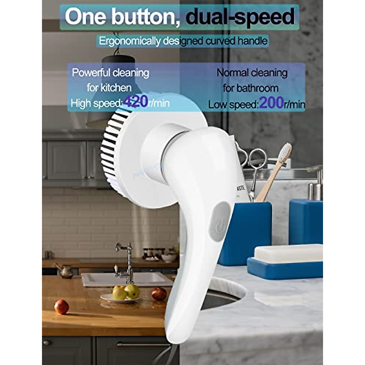 Electric Spin Scrubber,Electric Cleaning Brush,Two-Speed Cordless Curved Handle Cleaning Scrubber,IPX7 Waterproof Short Handle Power Scrubber,Household Motorized Brush for Cleaning Bathroom, Kitchen
