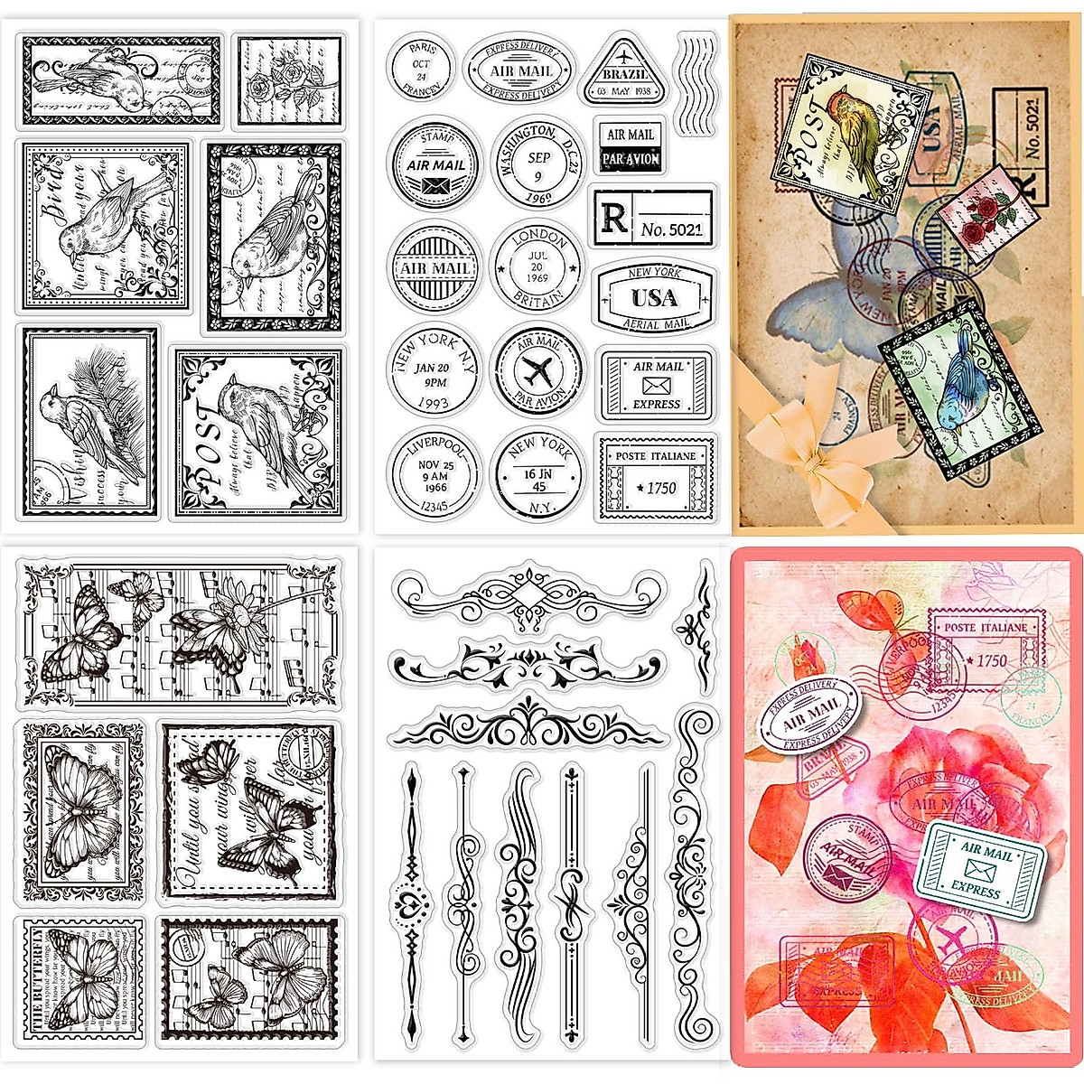GLOBLELAND 4 Sheets Postage Postcard Air Mail Clear Stamps for DIY Scrapbooking Butterfly Text Background Silicone Clear Stamp Seals Transparent Stamps for Cards Making Photo Album Journal