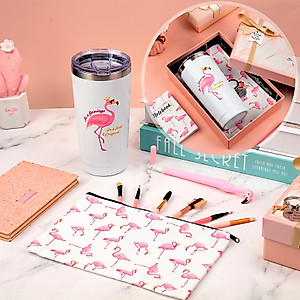 Panitay 6 Pcs Flamingo Gifts Set Pink Flamingo Socks Flamingo Stainless Steel Tumbler Notebook Pen Cosmetic Bag Keychain