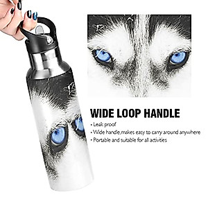 Oarencol Dog Blue Eyes Huskie Animal Water Bottle Stainless Steel Vacuum Insulated Thermos with Straw Lid 20 Oz