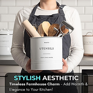 D'Lifeful Farmhouse Kitchen Utensil Holder (Jumbo Size - 7" x 7”) - Large Utensil Caddy for Countertop, Utensil Holder for Kitchen Counter Decor, Utensil Organizer (White)