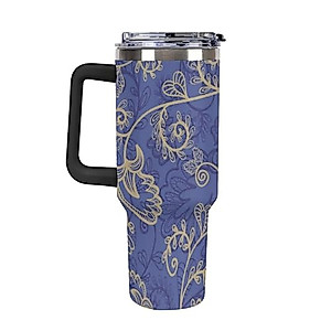 Romantic Flora Leaves Ornate Petals 40oz Water Bottle Double Wall Insulated Tumbler with Handle Leakproof Travel Mug Black-style