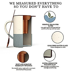 Mora Ceramics Tea Cup with Loose Leaf Infuser, Spoon and Lid, 12 oz, Microwave and Dishwasher Safe Coffee Mug - Rustic Matte Ceramic Glaze, Modern Herbal Tea Strainer - Great Gift for Women, Flint