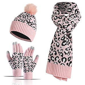ecodudo 3 Pieces Beanie Hat Long Scarf Touch Screen Gloves Set Leopard Print Skull Cap with Pom Warm Acrylic Lined Scarf and Glove for Women (Pink)