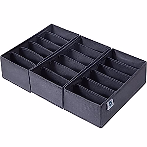 Qozary 3 Pack Sock Underwear Drawer Organizer Dividers, Non-Woven Fabric Collapsible Cabinet Closet Storage Boxes for Clothes, Socks, Lingerie, Underwear, Tie, Belt, Baby, Bedroom (Gray, 6 Cells)