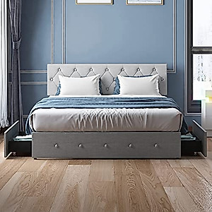 ZAFLY California King Platform Bed Frame with 4 Storage Drawers,Cal King Bed Frame with Fabric Headboard,Diamond Stitched Button Tufted Design,Wooden Slats Support,No Box Spring Needed,Light Grey