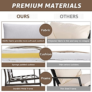 NATURAL EXPRESSIONS Patio Furniture 4 Piece Set,Outdoor Conversation Set Metal Patio Sectional Sofa with High Back Hand-Woven Rope Chairs by Hand Brushed Wood Grain Finish, 6" Cushion for Yard,Garden