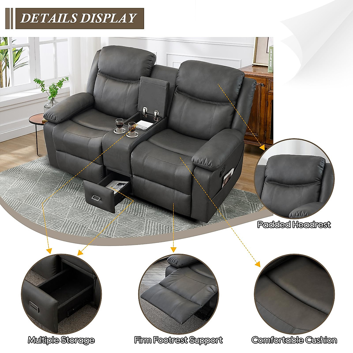 BAIJIAWEI B Loveseat Recliner, Reclining Loveseat with Console, Double Reclining Loveseat, 2 Seater Manual Reclining Couch for Living Room, Office, Home Theater(PU-Grey)