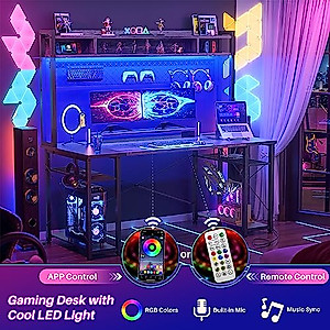 armocity 2024 Upgrade Gaming Desk with Hutch, 55.2'' Magic Computer Desk with LED and Outlets, Reversible Workstation Desk with Pegboard, Grey/Black