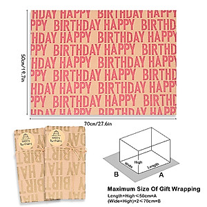 Happy Birthday Wrapping Paper For Boys Men Women Girls Kids,Recycled Gift Wrapping Paper, 20 x 28 inches per sheet (12 sheets: 47 sq. ft. ttl.) Brown Kraft Folded Paper with Jute Strings, Stickers and Bows for Birthday Occasions