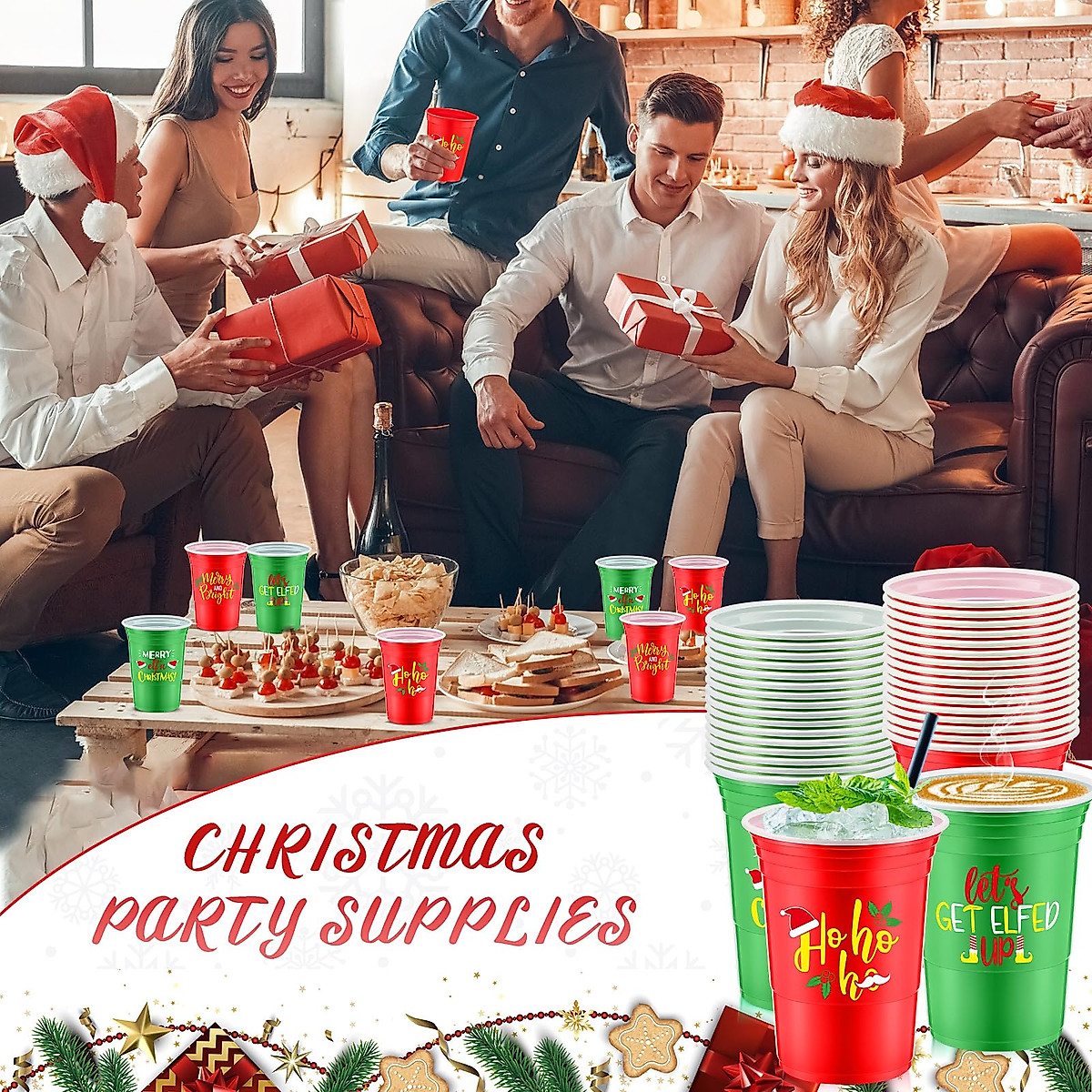 Jinei 100 Pcs Disposable Christmas Cups 16 oz Christmas Plastic Party Cups Coffee Hot Cocoa and Hot Cold Drinks for Party Favors, Red Green