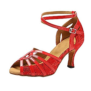 Minishion GL227 Women's Cross Strap Red Lace Latin Tango Ballroom Dance Shoes Wedding Prom Sandals 9 US