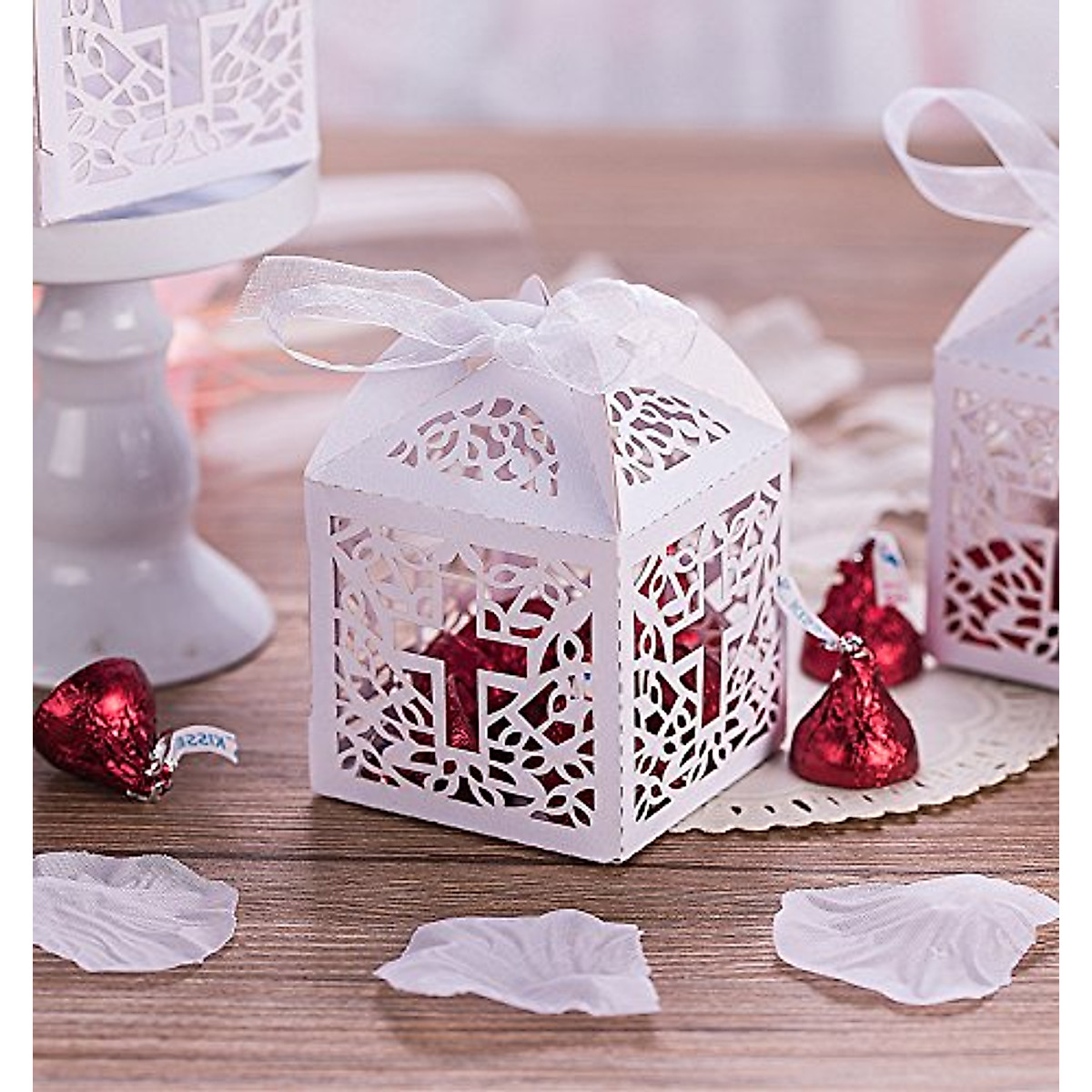 KAZIPA 50PCS Baptism Favor Boxes, 2.2''x2.2''x2.2''Laser Cut Favor Boxes with 50 Ribbons for Baby Shower Favors Baptism Decorations First Birthday Party (White)