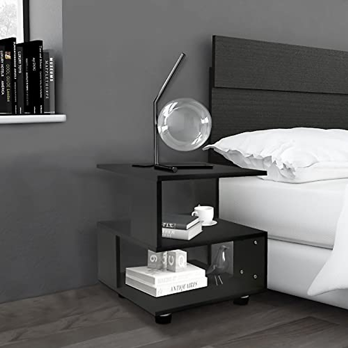 MASAKA B&W - Magic Cube Black Nightstands, Modern Fashion Style - 2 Tier Rectangular Hollow Design Nightstands, Irregular nightstand Table, Black