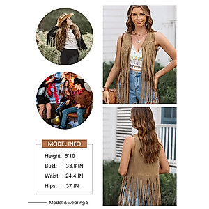 Dokotoo Womens Spring Fashion 2025 Fringe Vest 70s Theme Birthday Party Hippie Costume Rodeo Club Night Cowgirl Western Resort Wear Concert Outfits for Women Summer Vests for Women Khaki X-Large