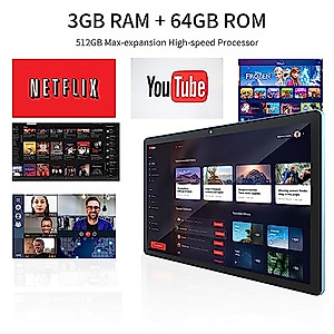 Android 11 Tablet 10inch Phablet, Large Storage 64GB Tablets Dual Stereo Speakers 512GB Expand, Octa-core Processor 3GB RAM 6000mAh Big Battery 10.1'' IPS HD Screen Google Tableta Tab(Blue)