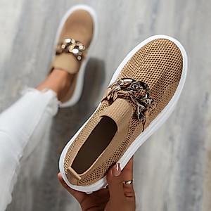 YTINGNICE Women's Platform Fashion Sneakers with Metal Chain Design Slip On Walking Shoes Lightweight Casual Loafers (Khaki,US-8.5)