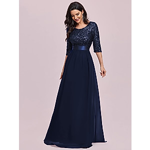 Ever-Pretty Women's Elegant A Line Crew Neck Half Sleeve Sequin Maxi Evening Dress Navy Blue US10