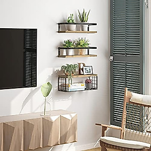 Fixwal 3+1 Tier Wall Mounted Floating Shelves with Metal Frame, Rustic Wood Bathroom Shelves Over Toilet with Wire Storage Basket and Towel Bar for Bathroom, Kitchen, Bedroom (Rustic Brown)