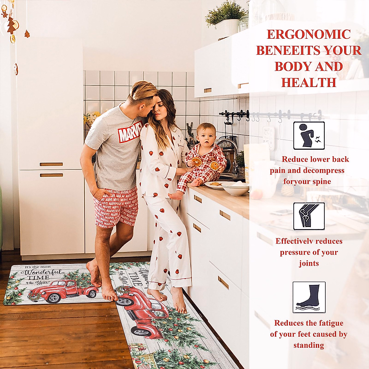 U'Artlines 2Pcs Christmas Anti Fatigue Kitchen Rugs and Mats, Red Truck Tree Non Slip Foam Cushioned Farmhouse Kitchen Floor Mats Comfort Standing Mats for Winter Home Decor