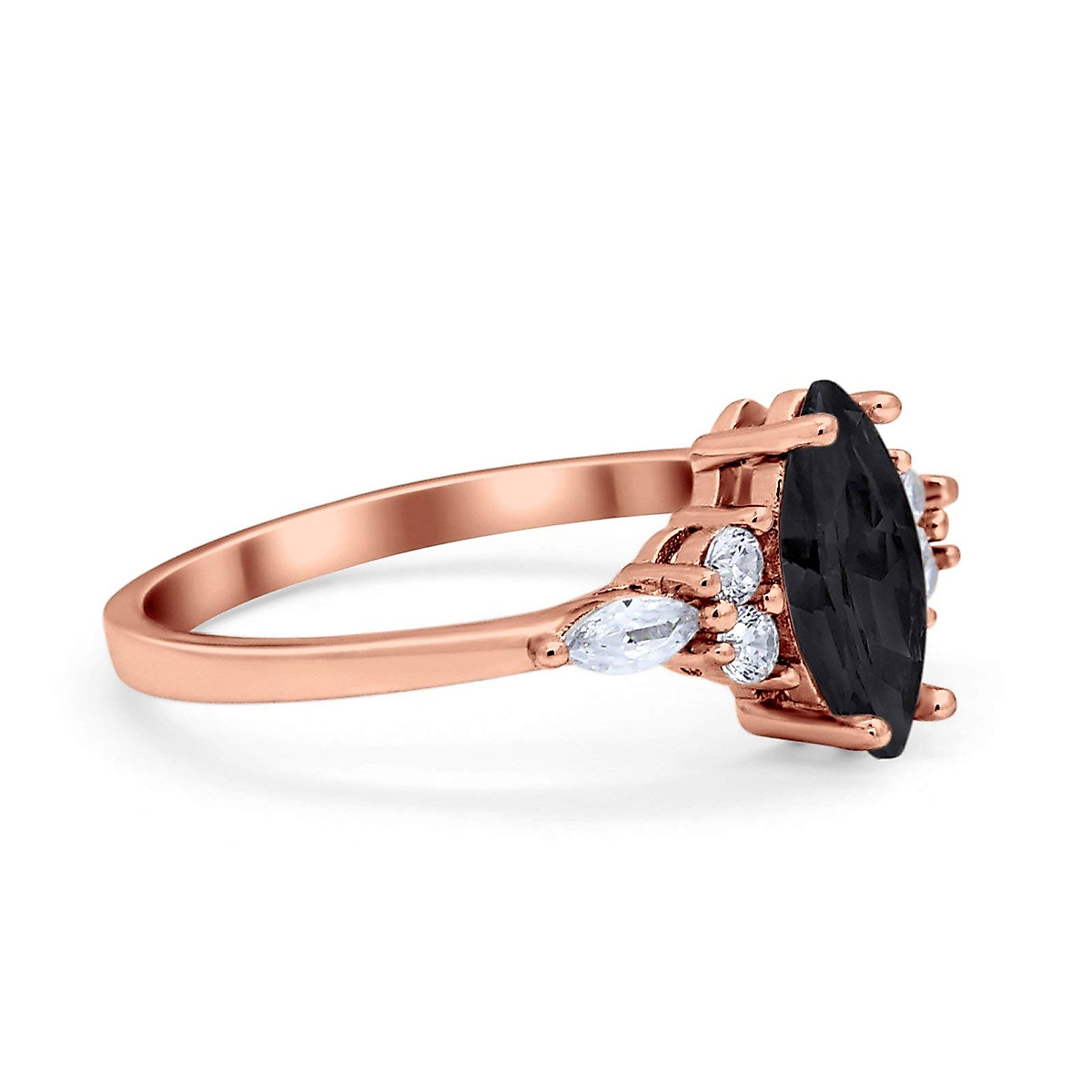 Blue Apple Co. Rose Tone, Simulated Black CZ Size-9 Art Deco Vintage Style Marquise Wedding Engagement Bridal Ring Round Simulated Cubic Zirconia 925 Sterling Silver