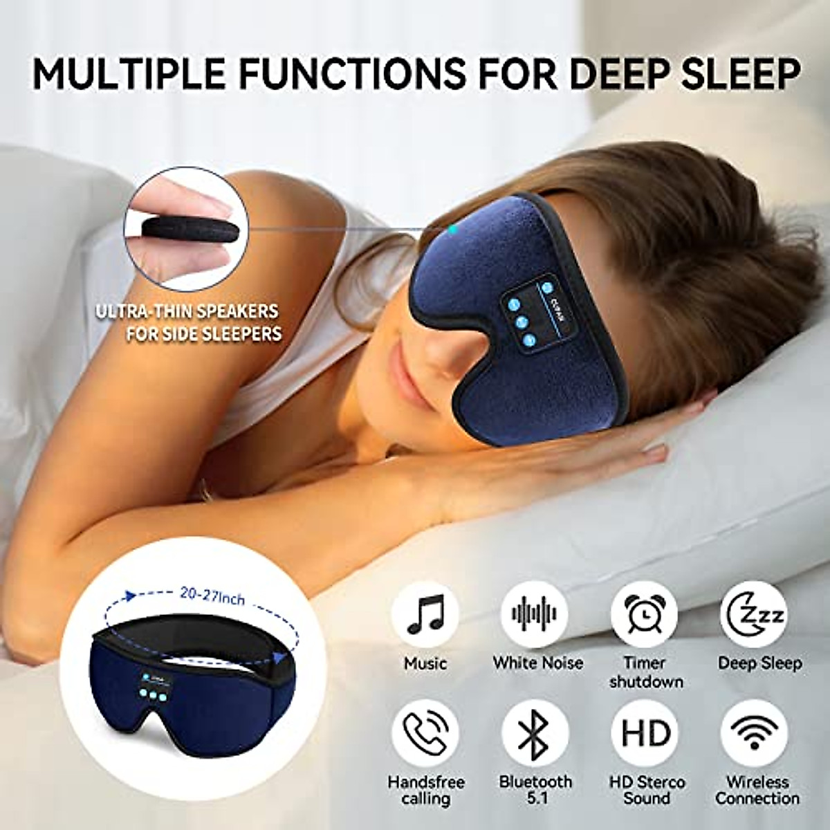 3-in-1 Sleep Headphones Sleep Mask & White Noise Machine for Sleeping,CUPAN 3D Wireless Music Sleeping Headphones with Timer,for Insomnia Travel Meditation,Cool Gadgets for Women Man(Blue)